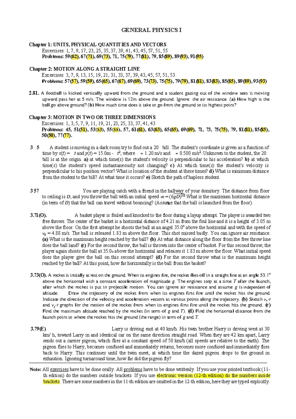PH1016 General Physics I: Chapter Assignments and Exercises Overview ...