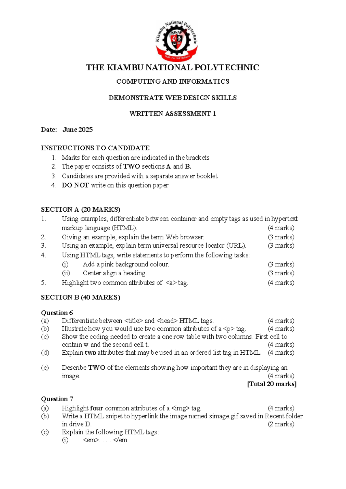 Web Design Skills CAT 1 - Kiambu Polytechnic Assessment - Studocu