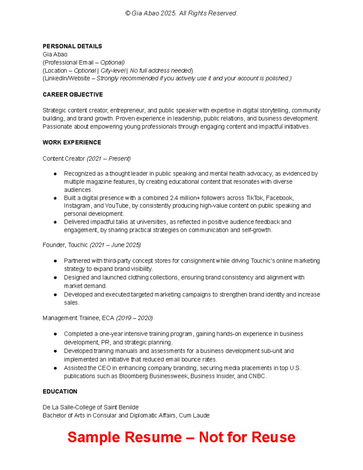 Gia Abao Resume Sample (2025) - Strategic Content Creator ...