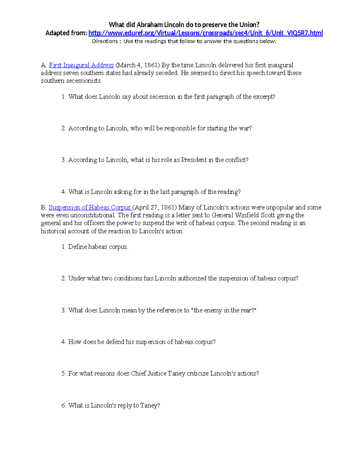 Lincoln Civil War Docs - History question and answers. - What did ...