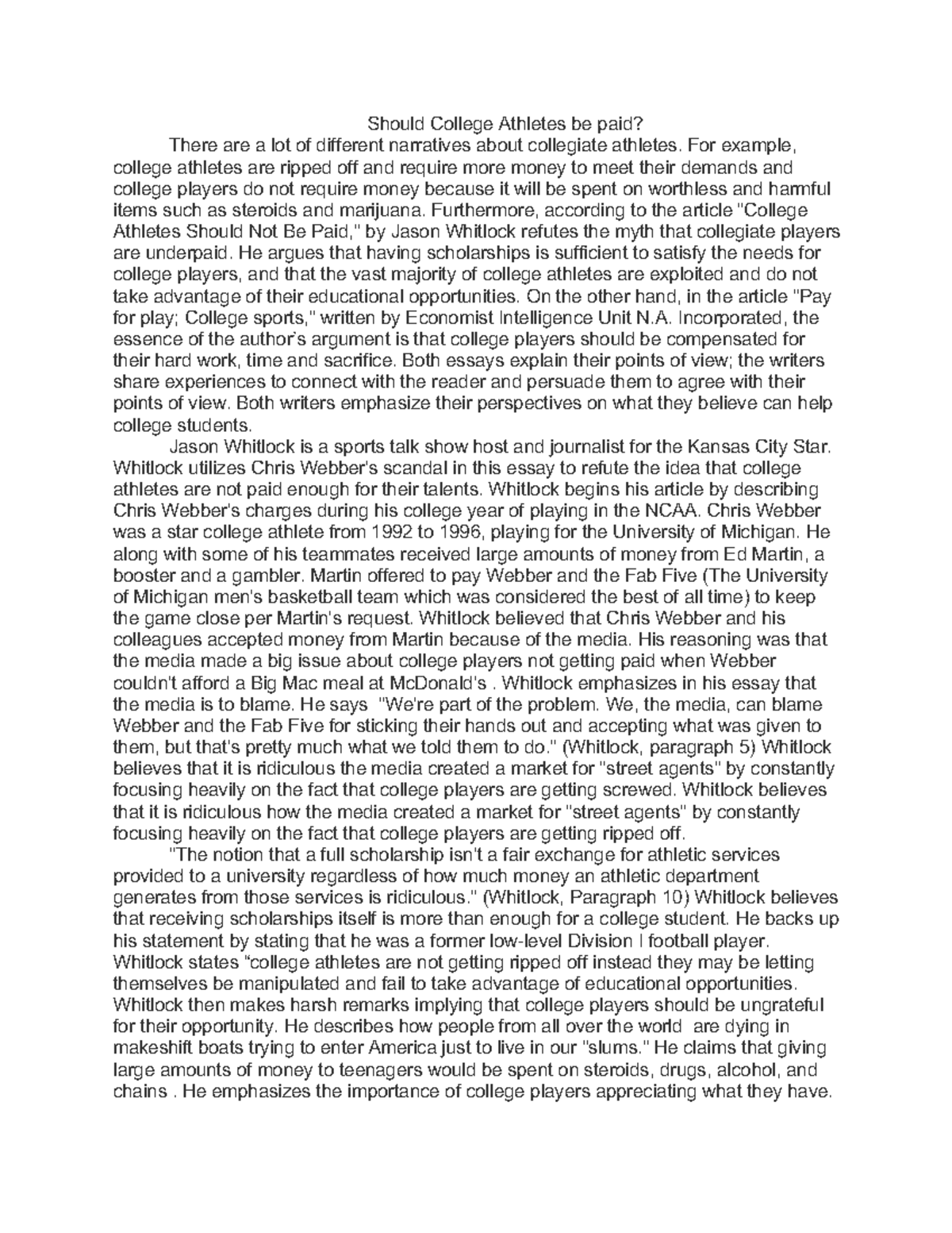 Doc'4 - Rough Essay - Should College Athletes be paid? There are a lot ...
