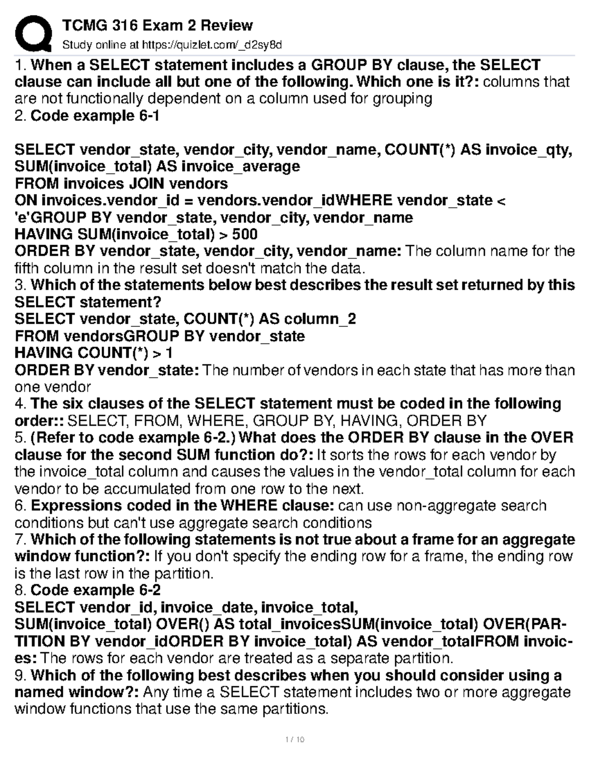 TCMG 316 Exam 2 Review Notes: SQL Queries & Concepts Explained - Studocu