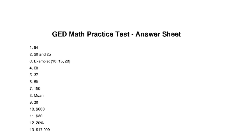 GED Math Practice Test Answer Sheet: Key Answers and Solutions - Studocu