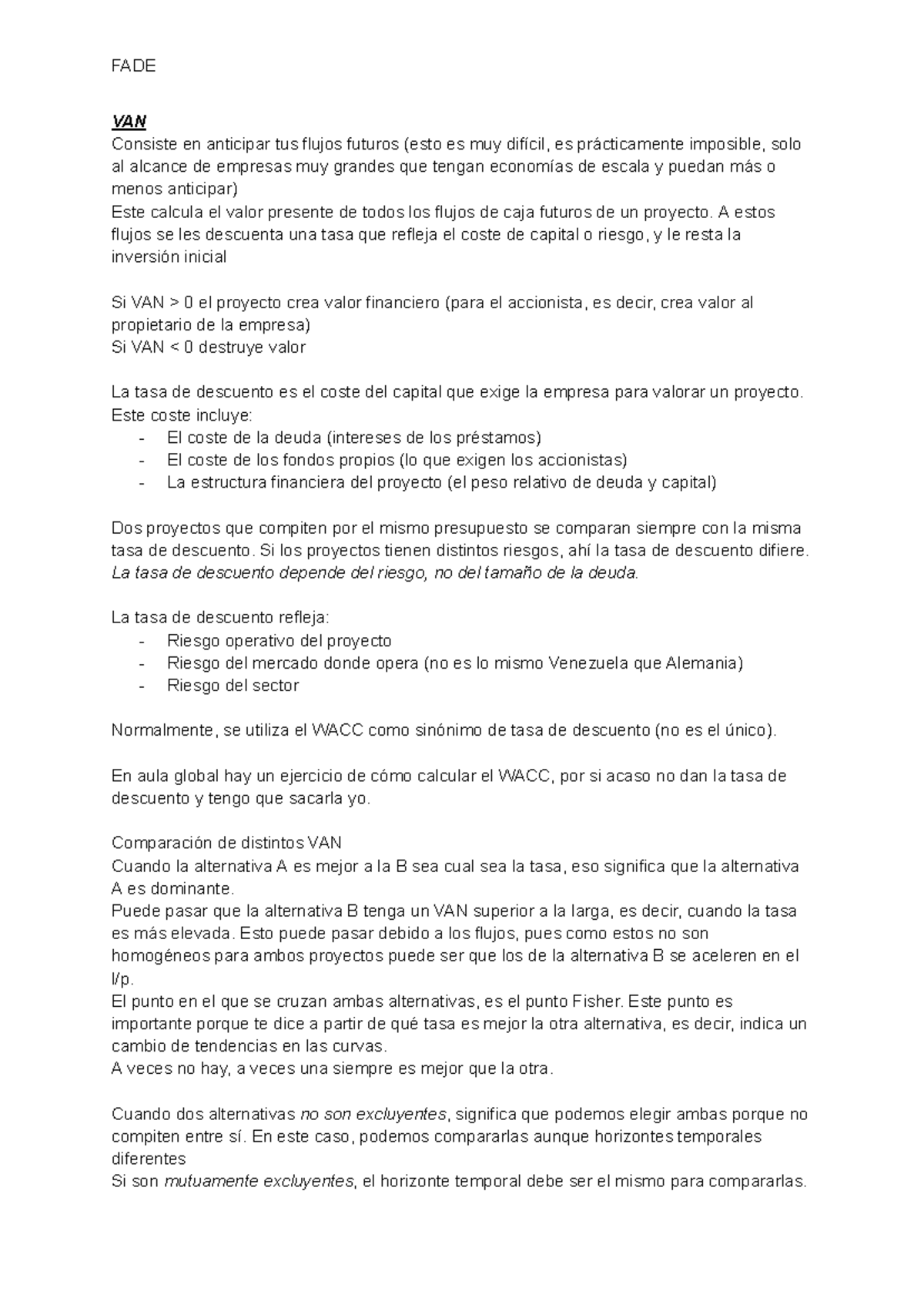 FADE Clase de Repaso: Análisis del Valor Actual Neto (VAN) - Studocu