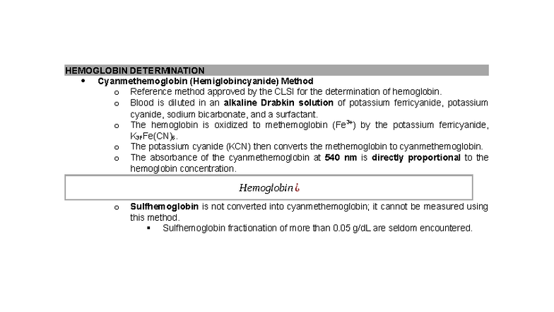 Hemoglobin Determination - HEMOGLOBIN DETERMINATION Cyanmethemoglobin ...