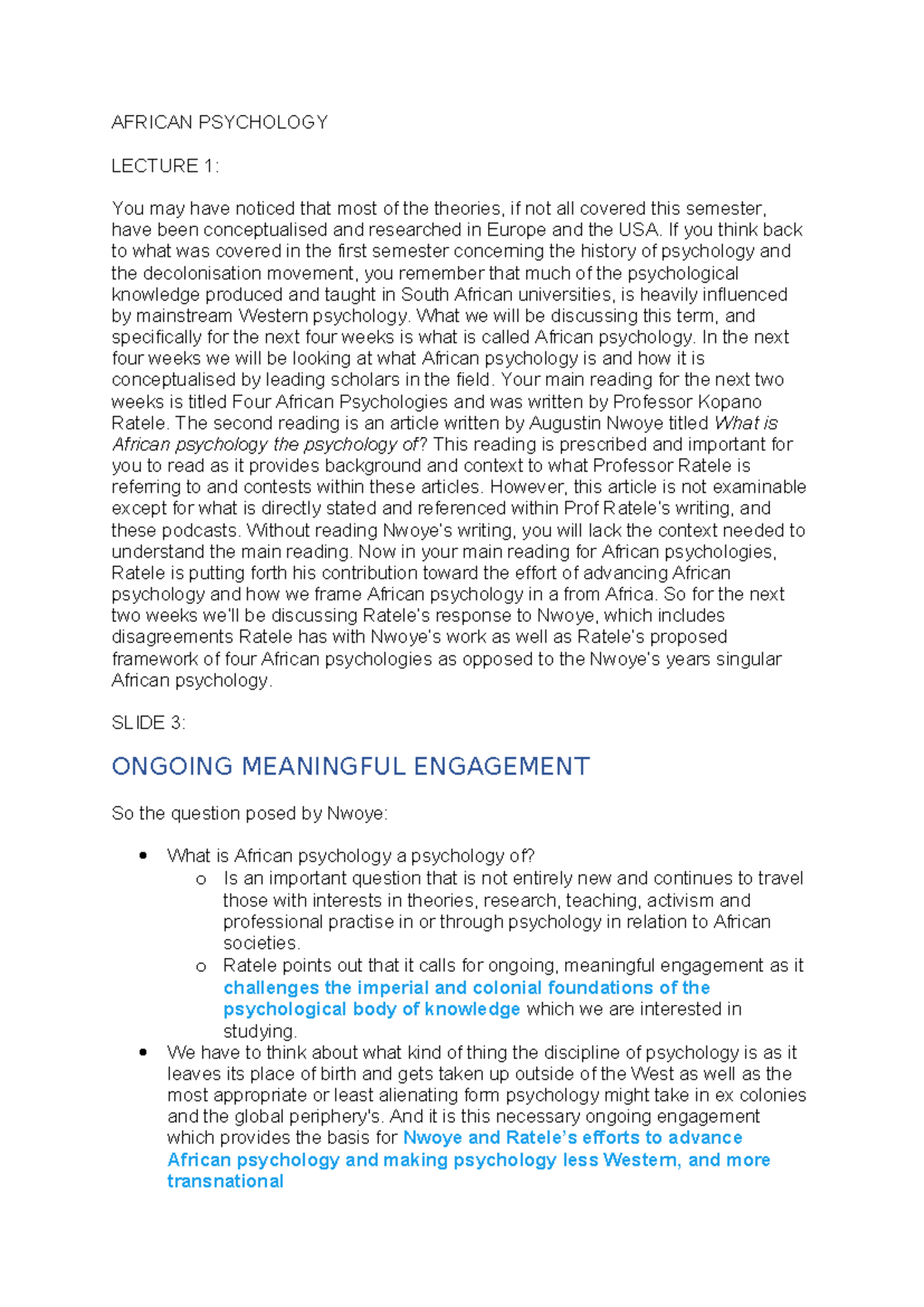 AFRICAN PSYCHOLOGY LECTURE 1: Understanding Theories and Frameworks ...