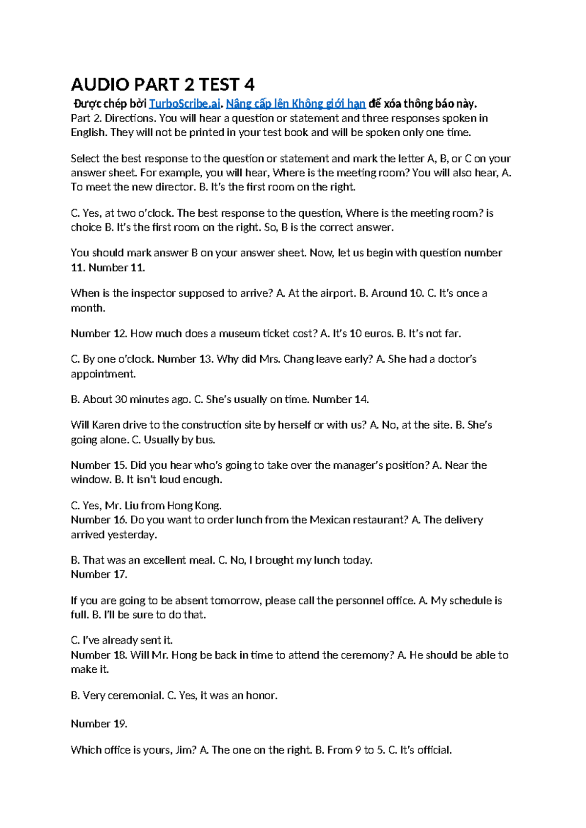 AUDIO PART 2 TEST 4: Listening Comprehension Practice - Studocu