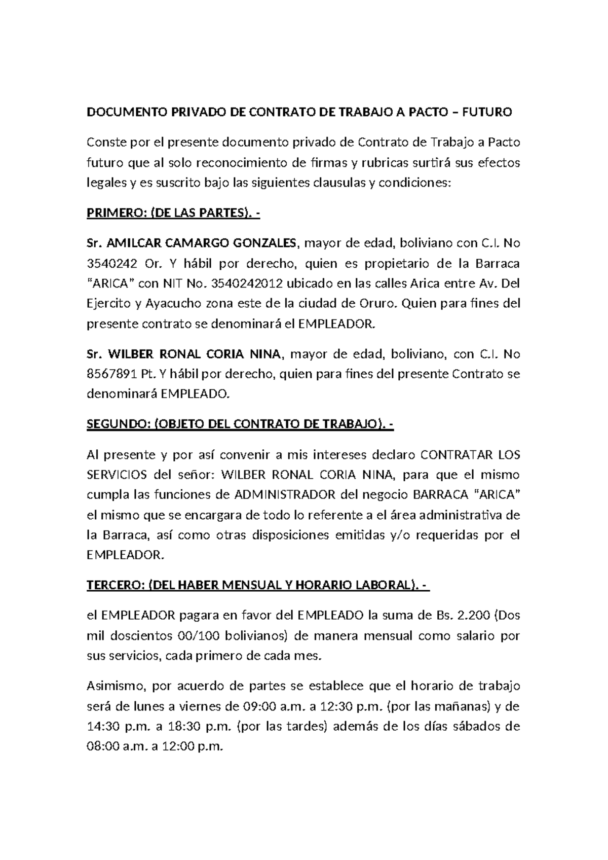 Contrato de Trabajo a Pacto Futuro - Amilcar Camargo y Wilber Coria ...