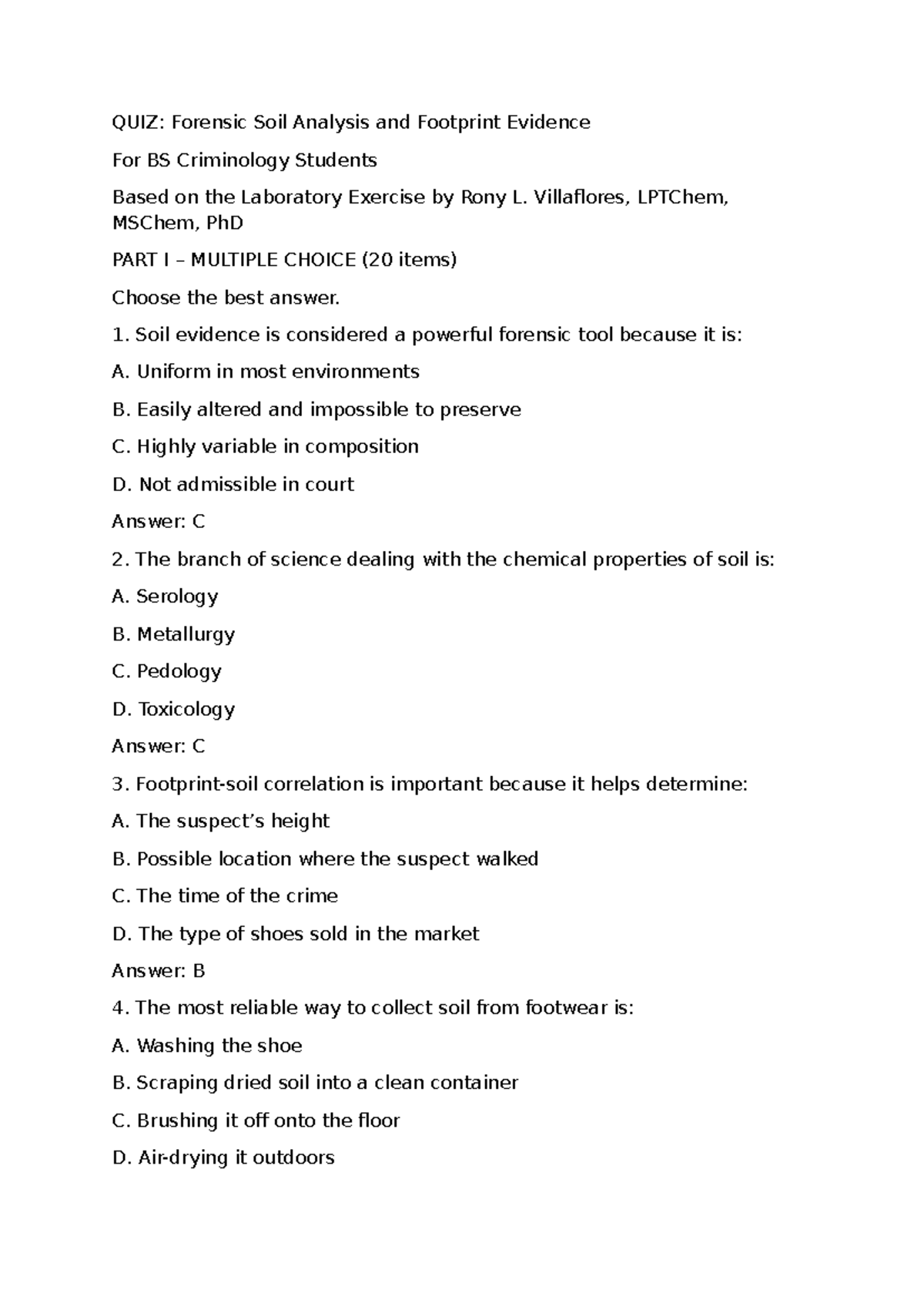 QUIZ: Forensic Soil Analysis for BS Criminology Students - Studocu
