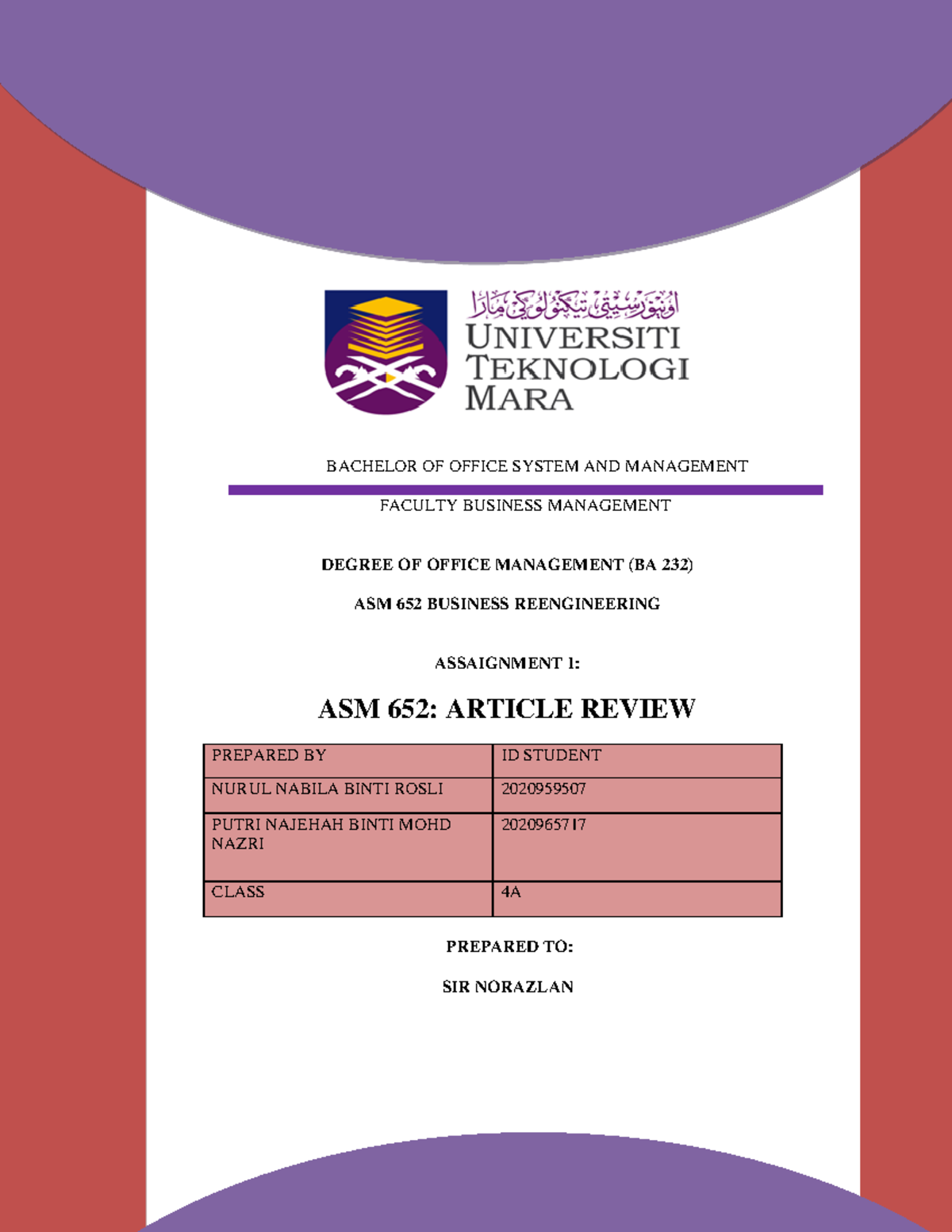 ASM 652 Reeigneering Group Assaignment-converted - S BACHELOR OF OFFICE SYSTEM AND MANAGEMENT ...