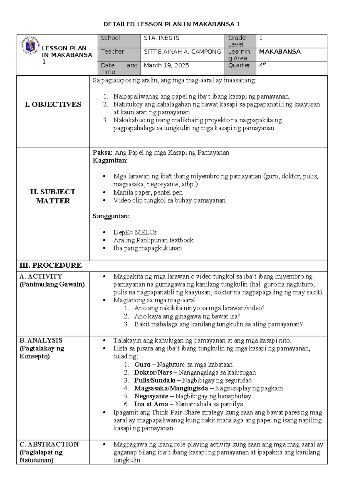 Detailed Lesson Plan for Makabansa 1 - Quarter 4 Activities - Studocu