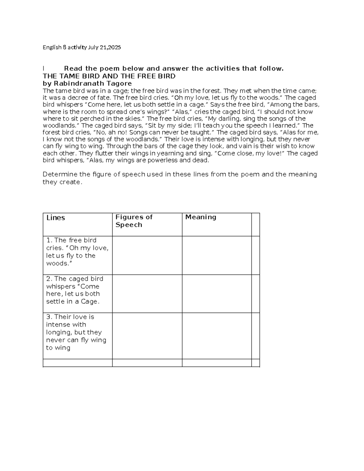 English 8 Activity: Analyzing "The Tame Bird and The Free Bird" Poem ...