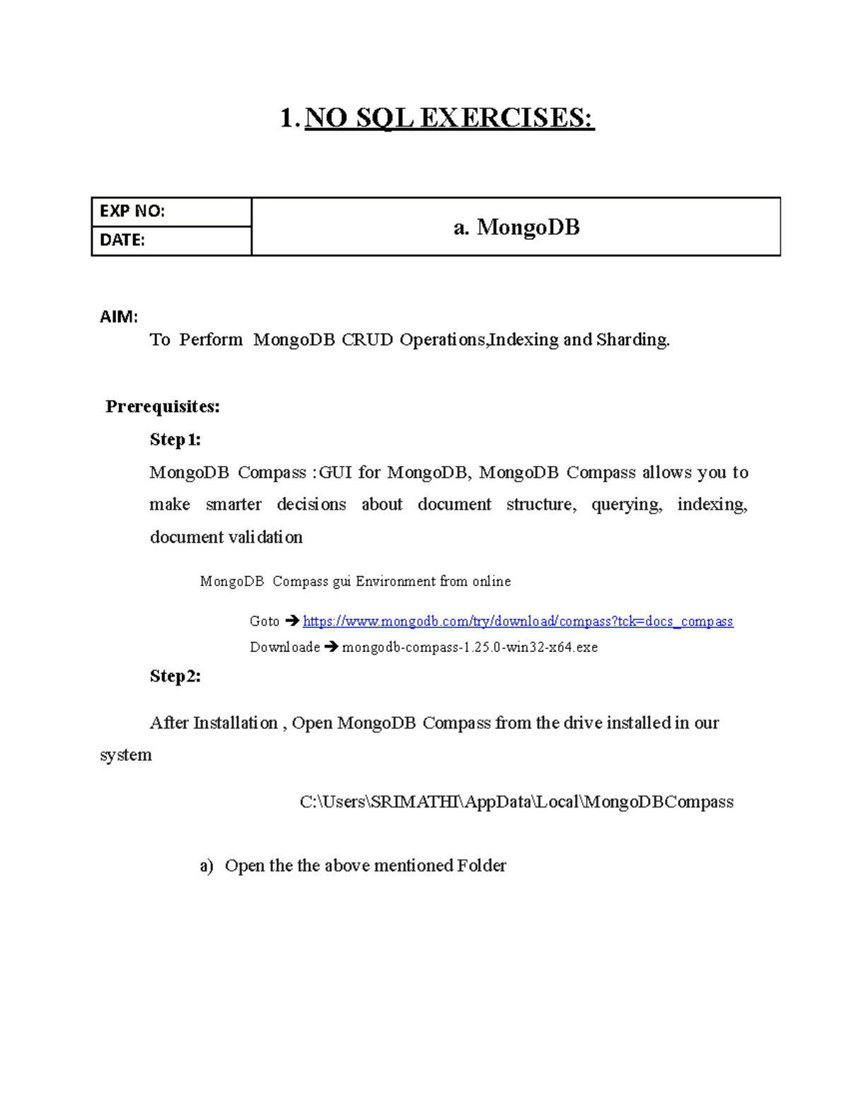 Nosql(program 1)-new - ADVANCED DATABASE TECHNOLOGY LABORATORY - 1. NO SQL EXERCISES: EXP NO ...
