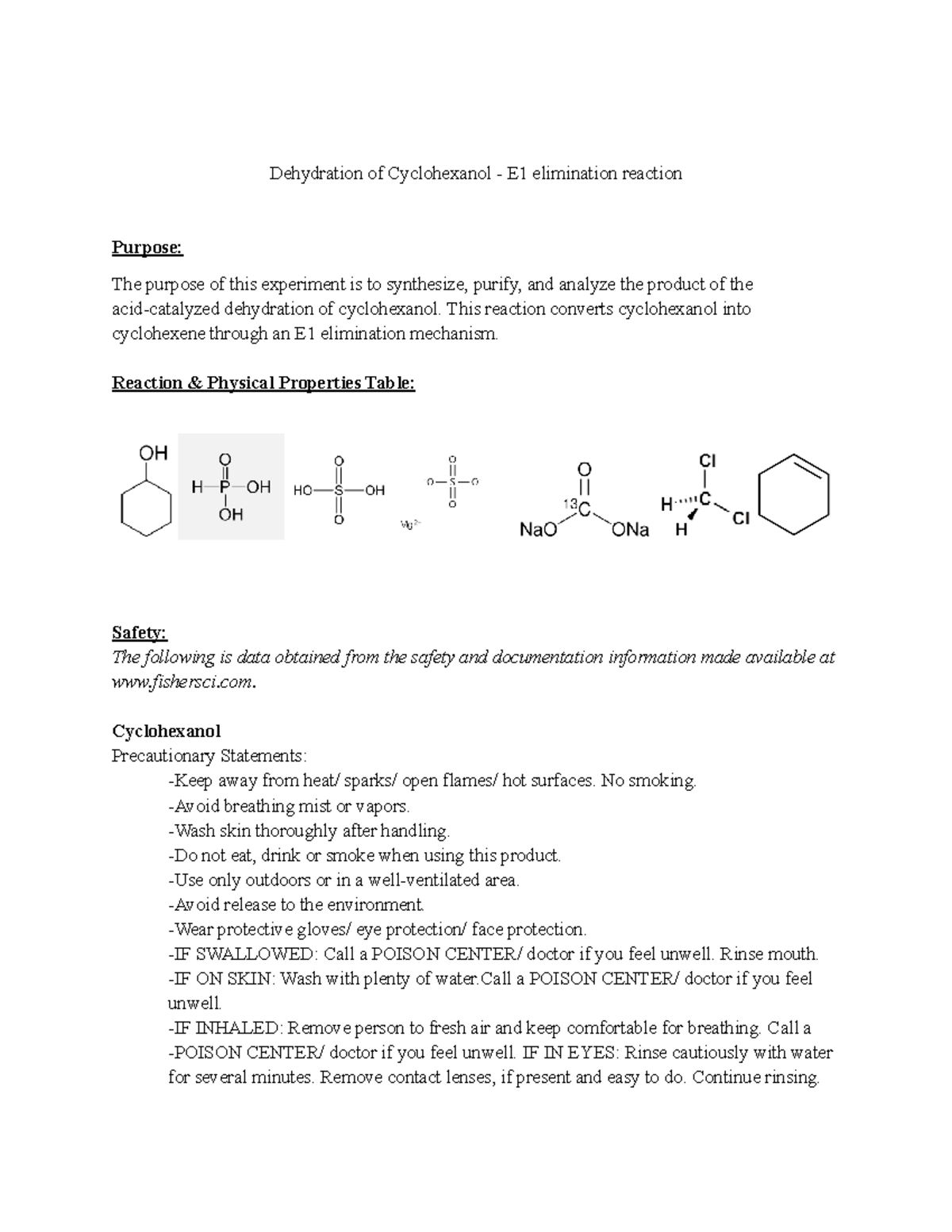 Lab Summary 10: E1 Elimination of Cyclohexanol to Cyclohexene Reaction - Studocu