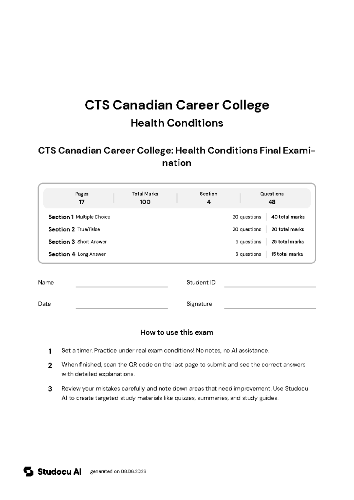 CTS Canadian Career College: Health Conditions Final Exam - Studocu