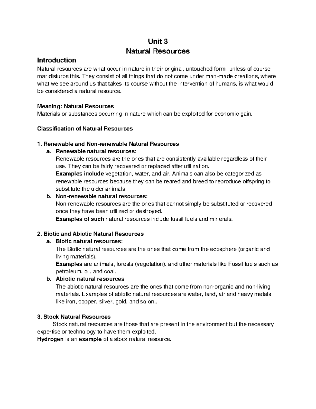 Unit 3&4 - BCA EVS - Unit 3 Natural Resources Introduction Natural resources are what occur in ...