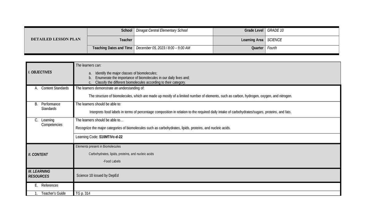 5 Es Lesson Plan on Biomolecules for FS 12 Grade 10 Science - Studocu
