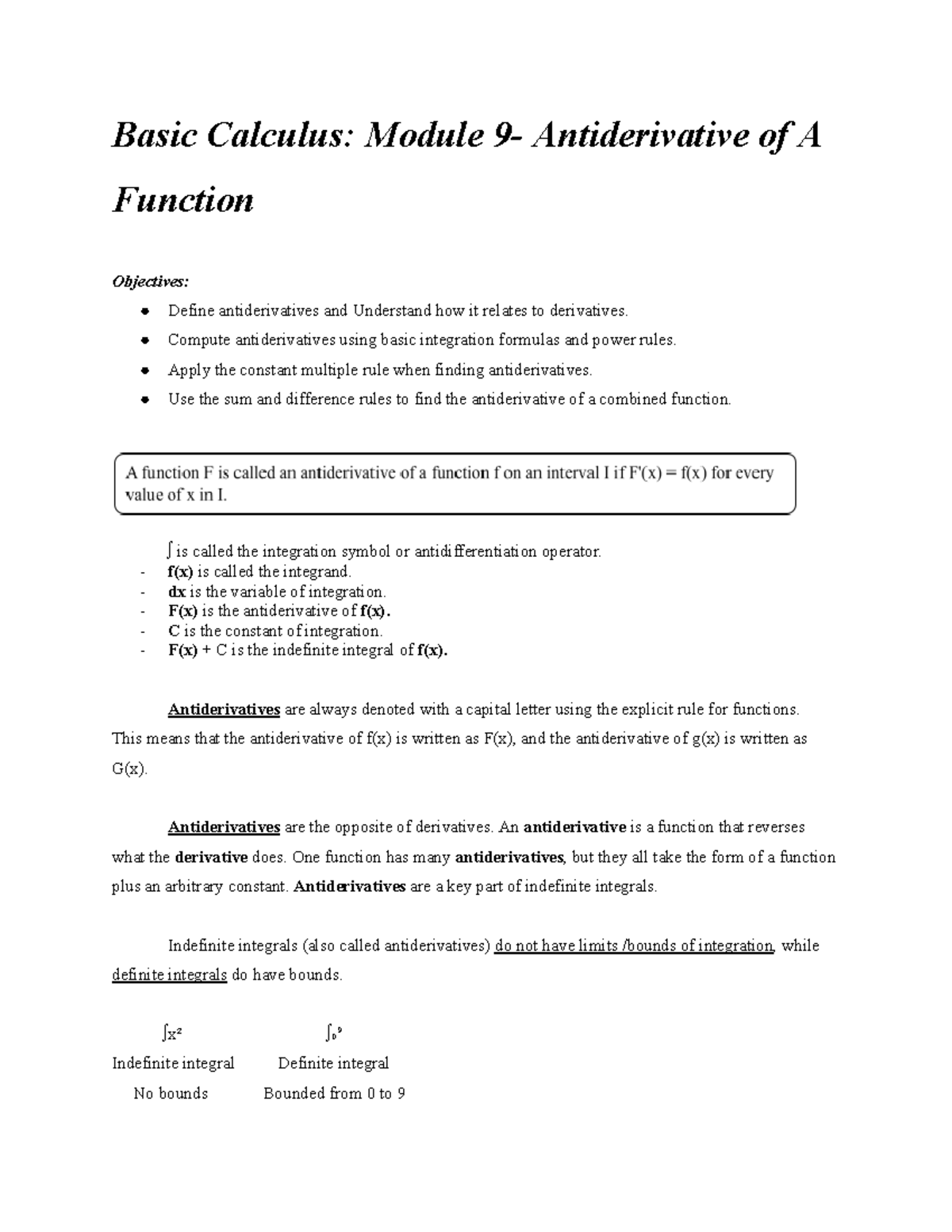 Calculus 101: Antiderivative Module Overview and Key Concepts - Studocu