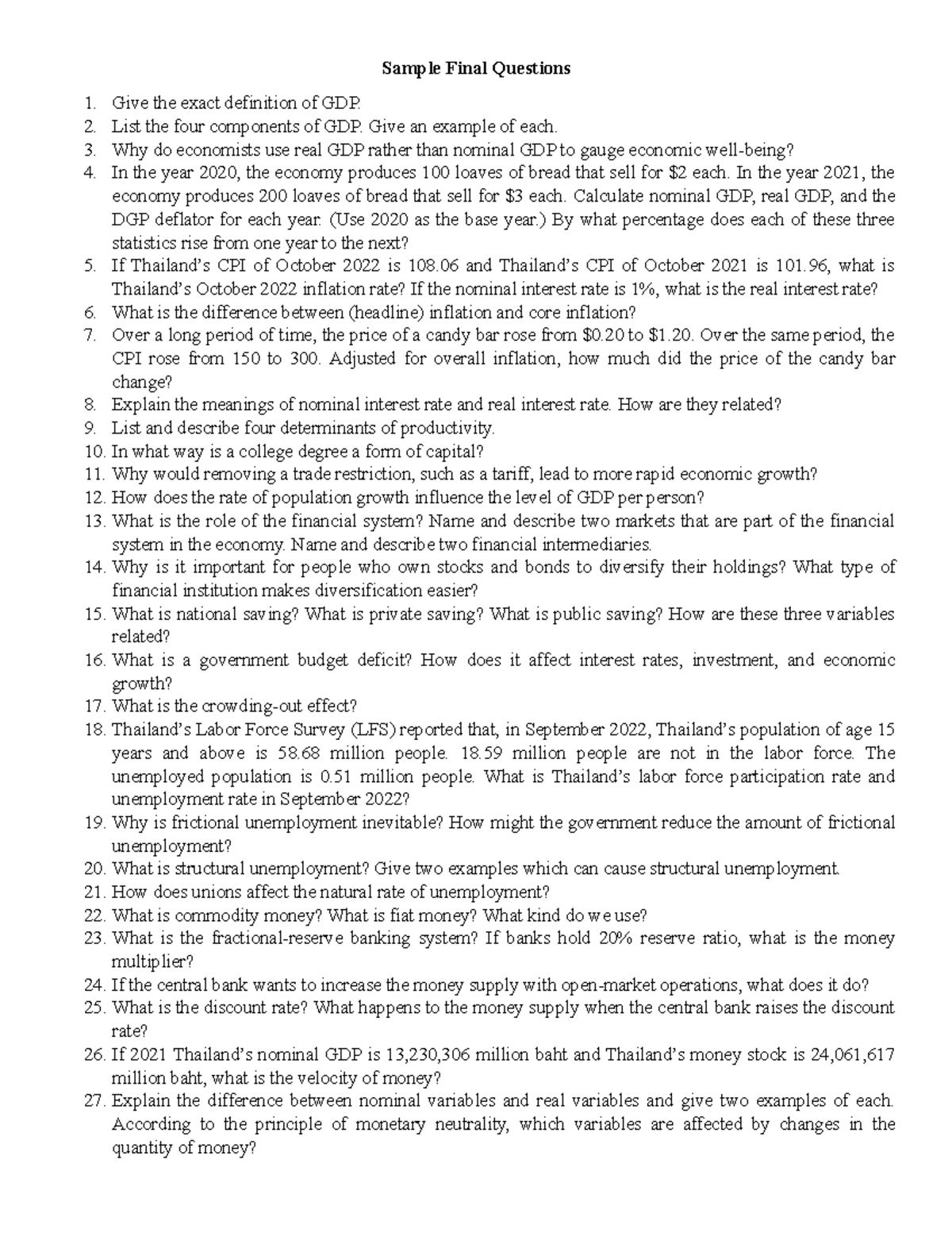 ECO 101: Sample Final Exam Questions on GDP and Inflation - Studocu