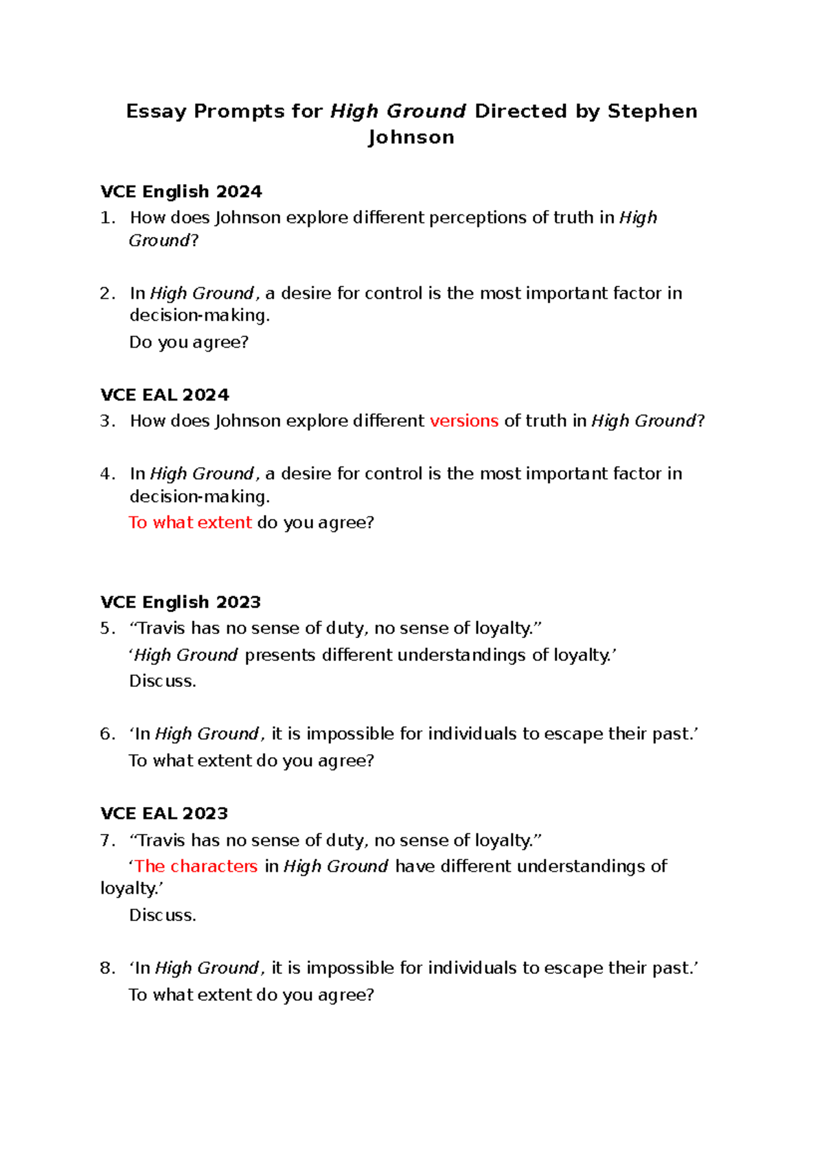 HG Essay Prompts for VCE English & EAL 2023-2024 - Studocu