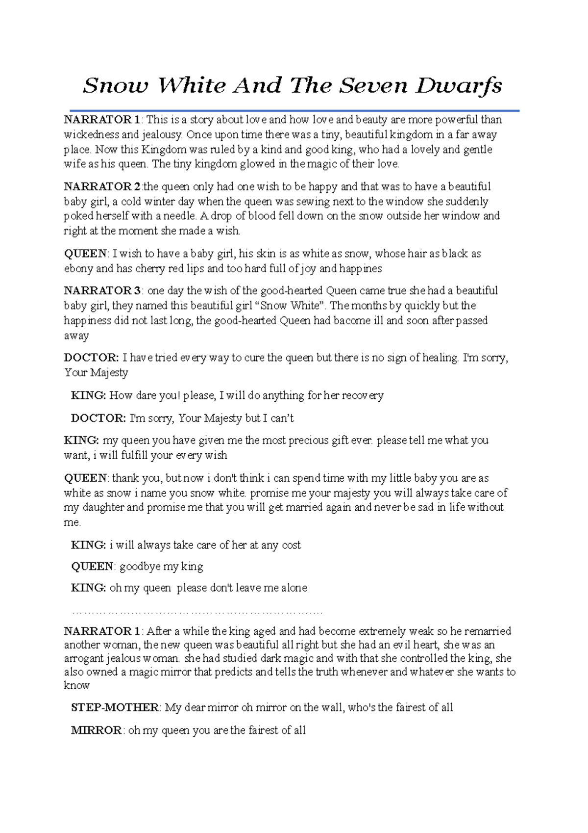 Snow White: A Drama Script for Stage Performance - Studocu