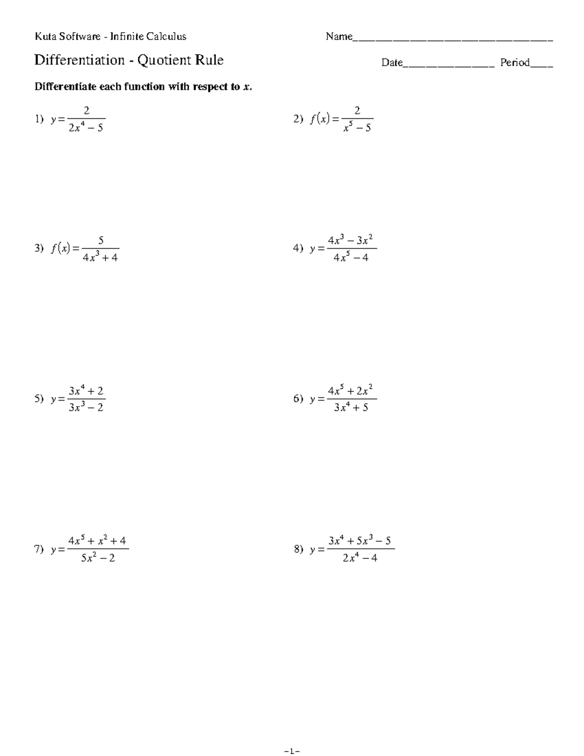 Derivatives Quotient Rule - ©S w 2 k 0 b 1 Q 3 v tKWuFtWai TSJonf 4 ...