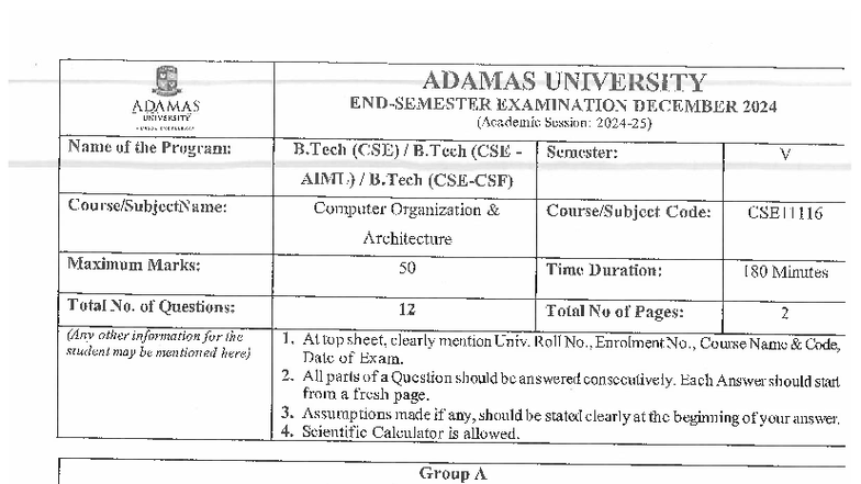 CSE11116 - December 2024 Exam Paper: Computer Organization & Architecture - Studocu