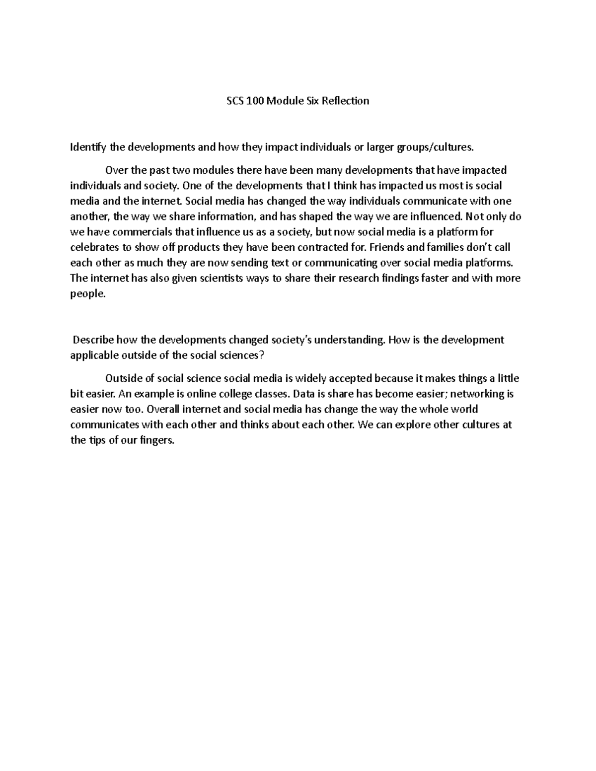 SCS 100 Module Six Reflection Short Answer - SCS 100 Module Six ...
