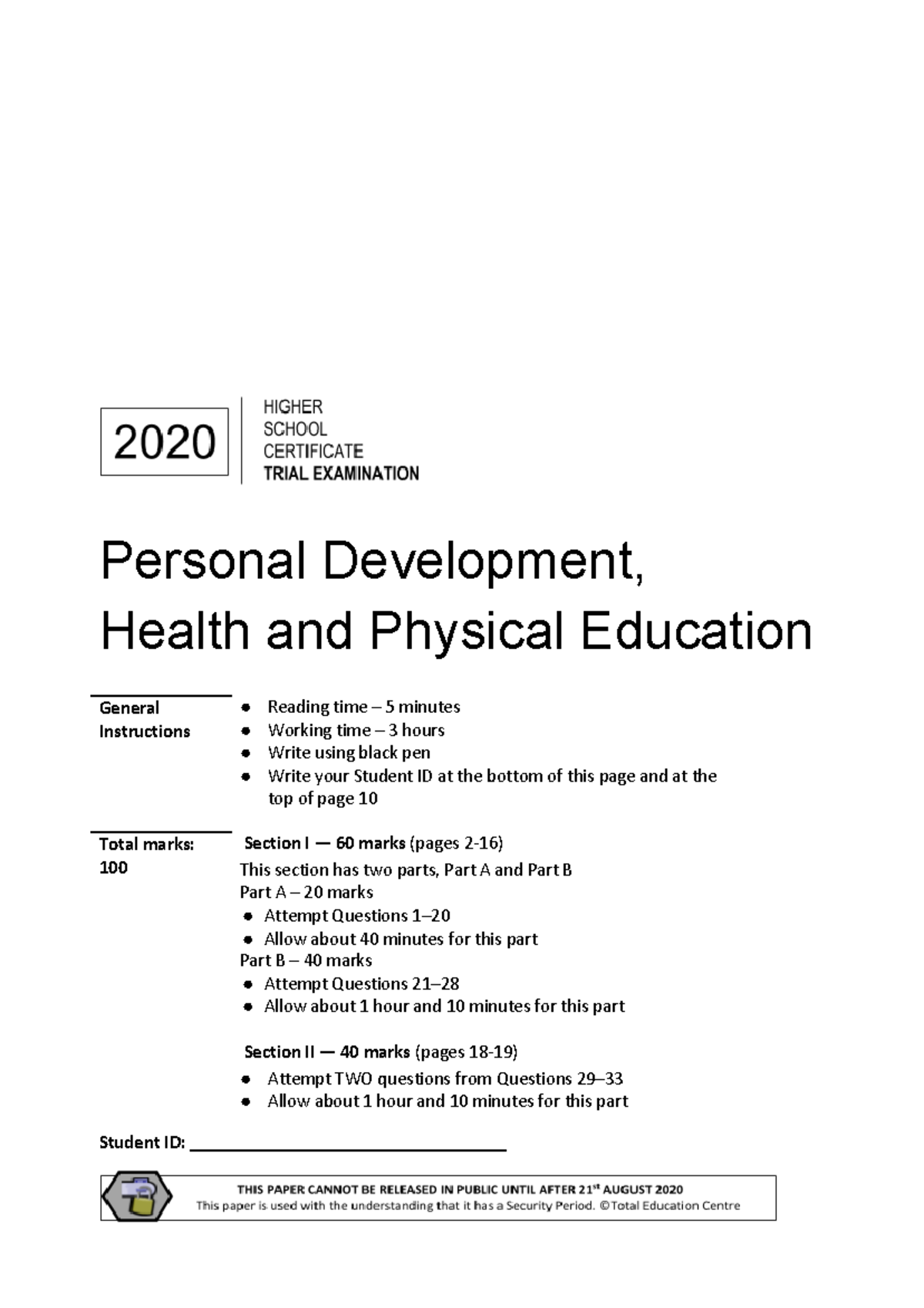 2020 PDHPE HSC Trial Exam Instructions and Questions - Studocu