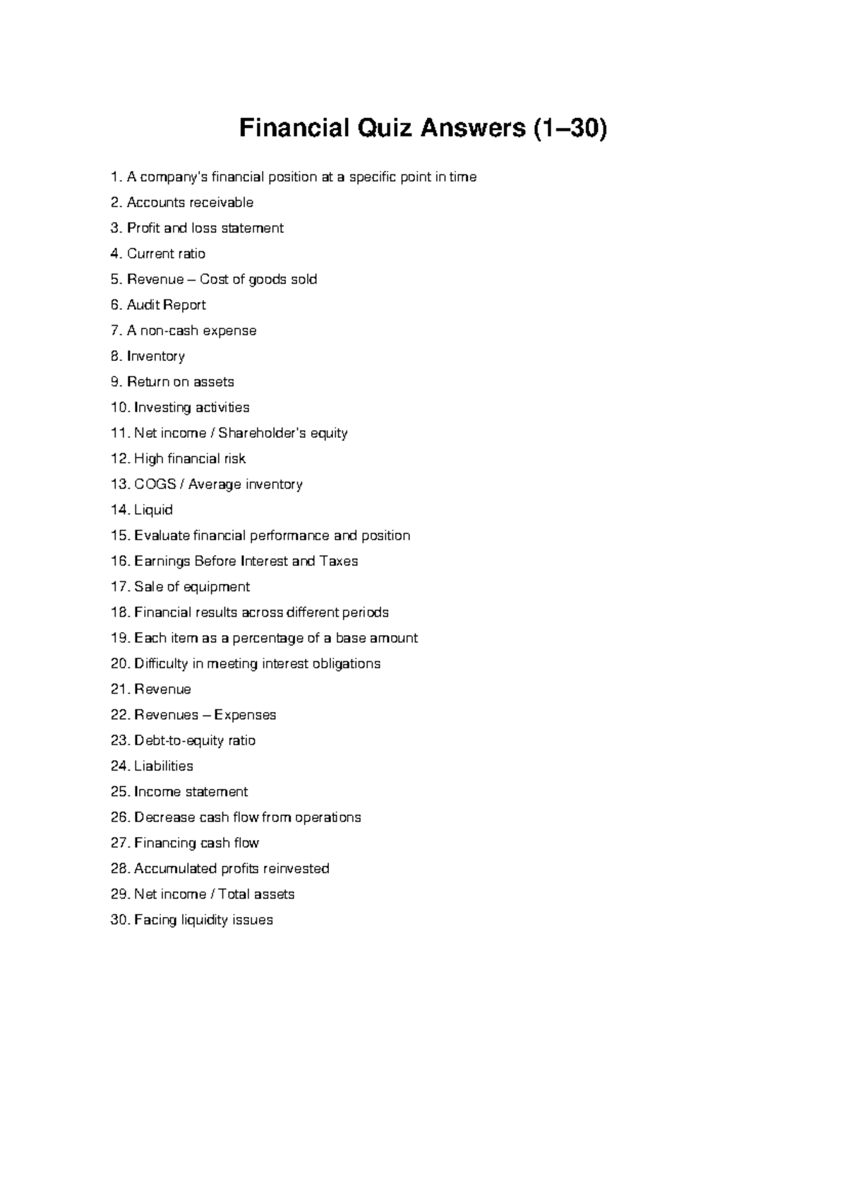 Financial Quiz Answers 1-30: Key Concepts and Terms - Studocu