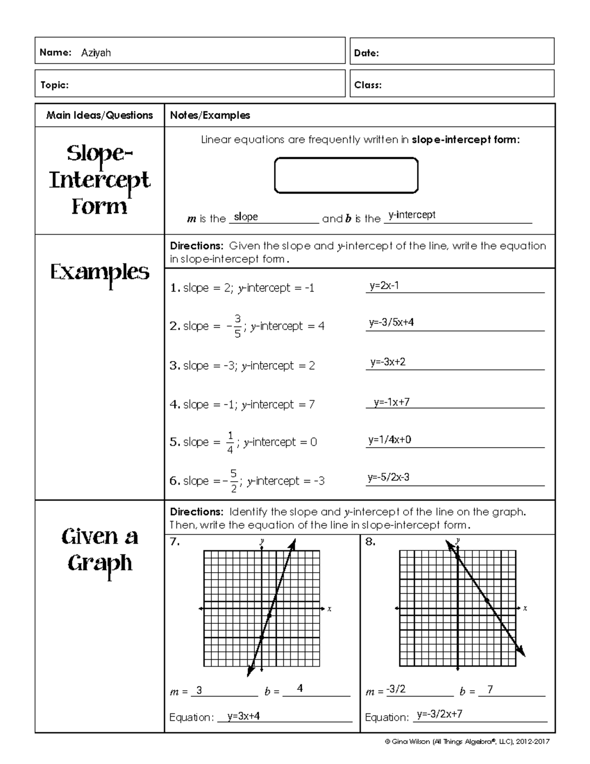 Linear Equations: Slope-Intercept Form (Class: 2.3) - Studocu