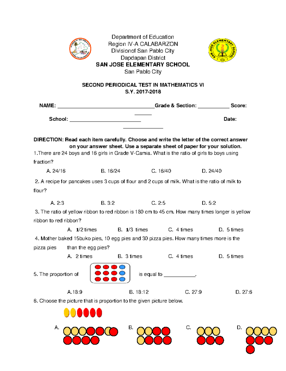 395015349 Grade 6 2nd Periodical Test With TOS Answer Keys MATH ...