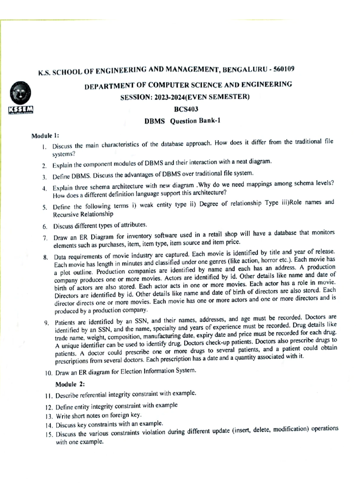 BCS403 - DBMS Course Outline and Learning Objectives for Semester 4 - Studocu