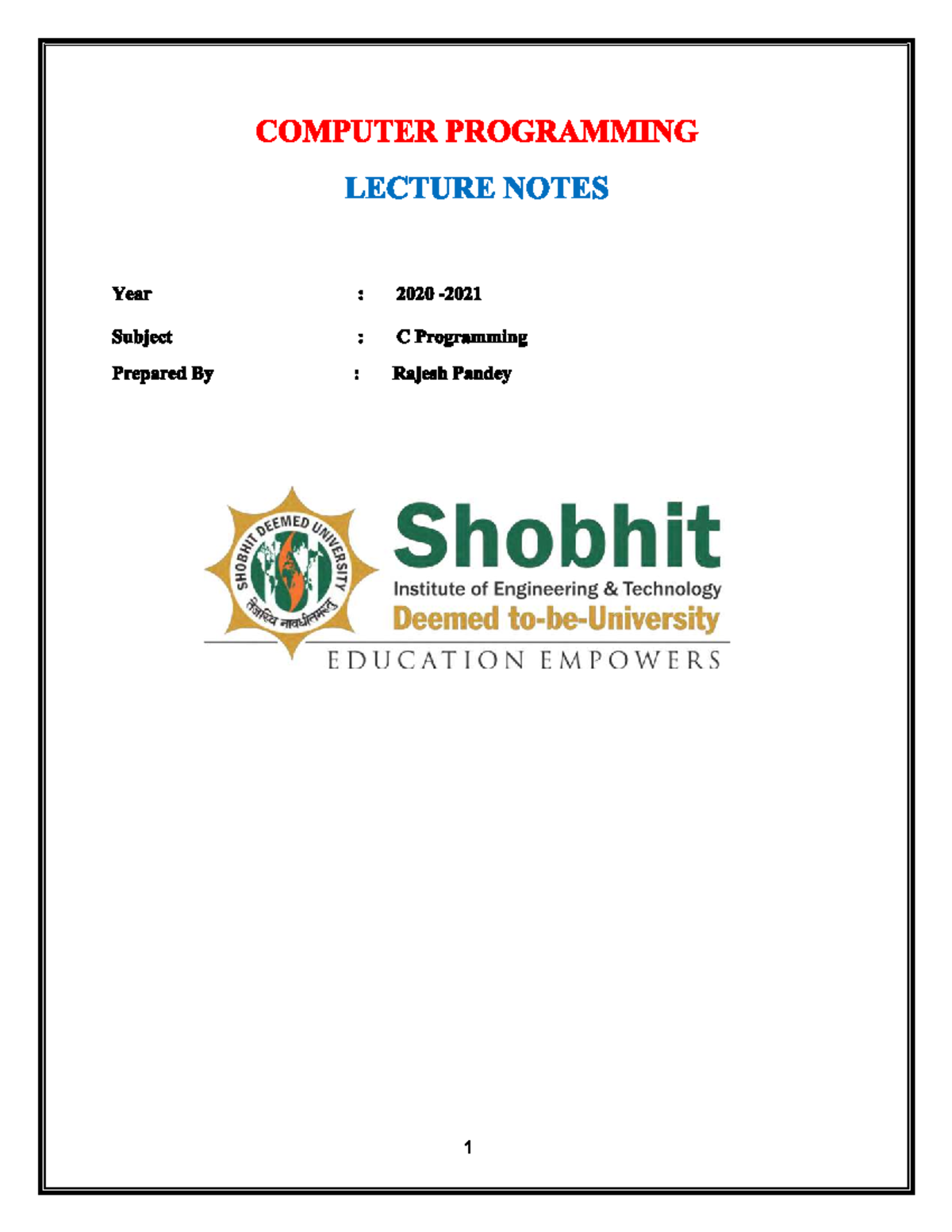 C Programming Lecture Notes: Introduction to Computers and Languages ...