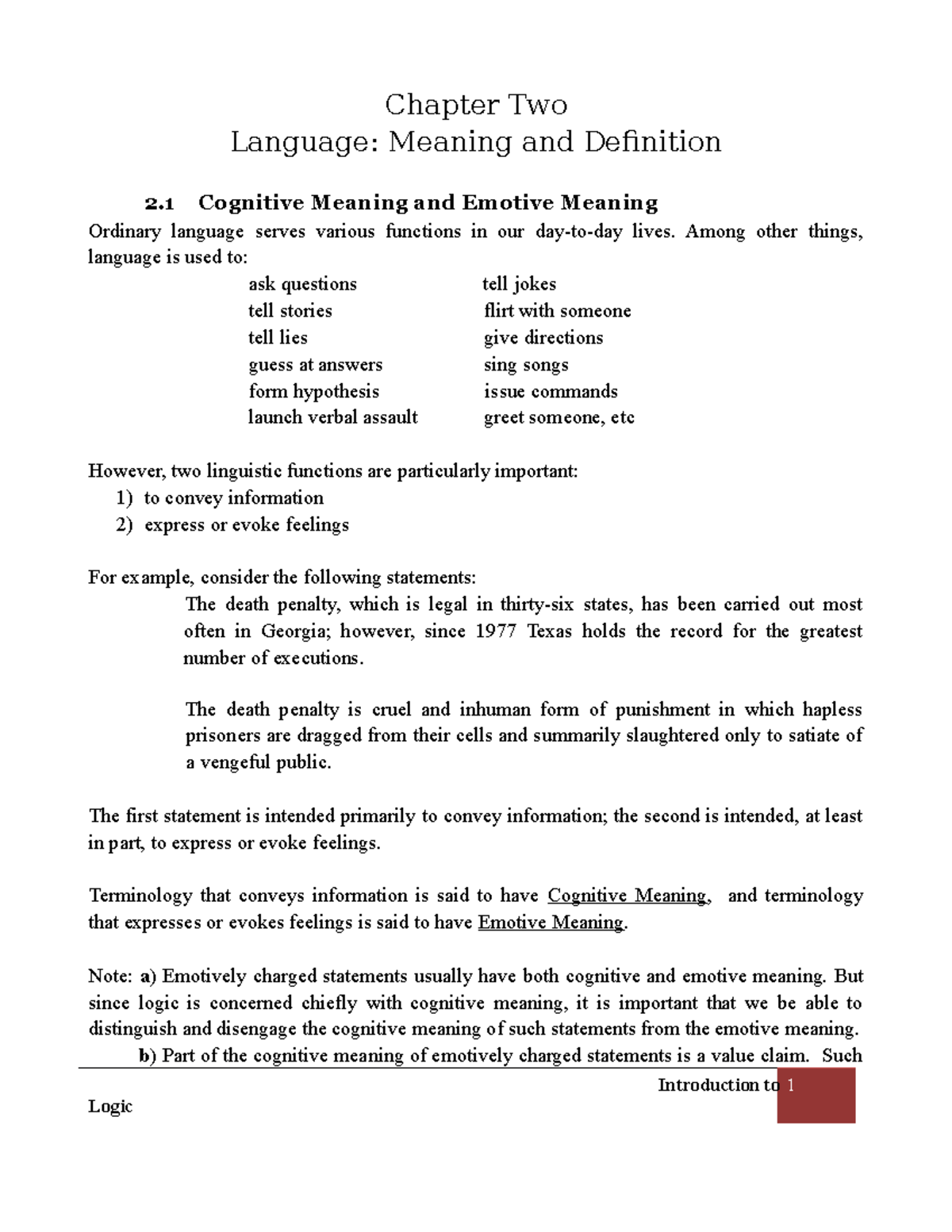 Logic Ch 2 notes - Chapter Two Language: Meaning and Definition 2 ...