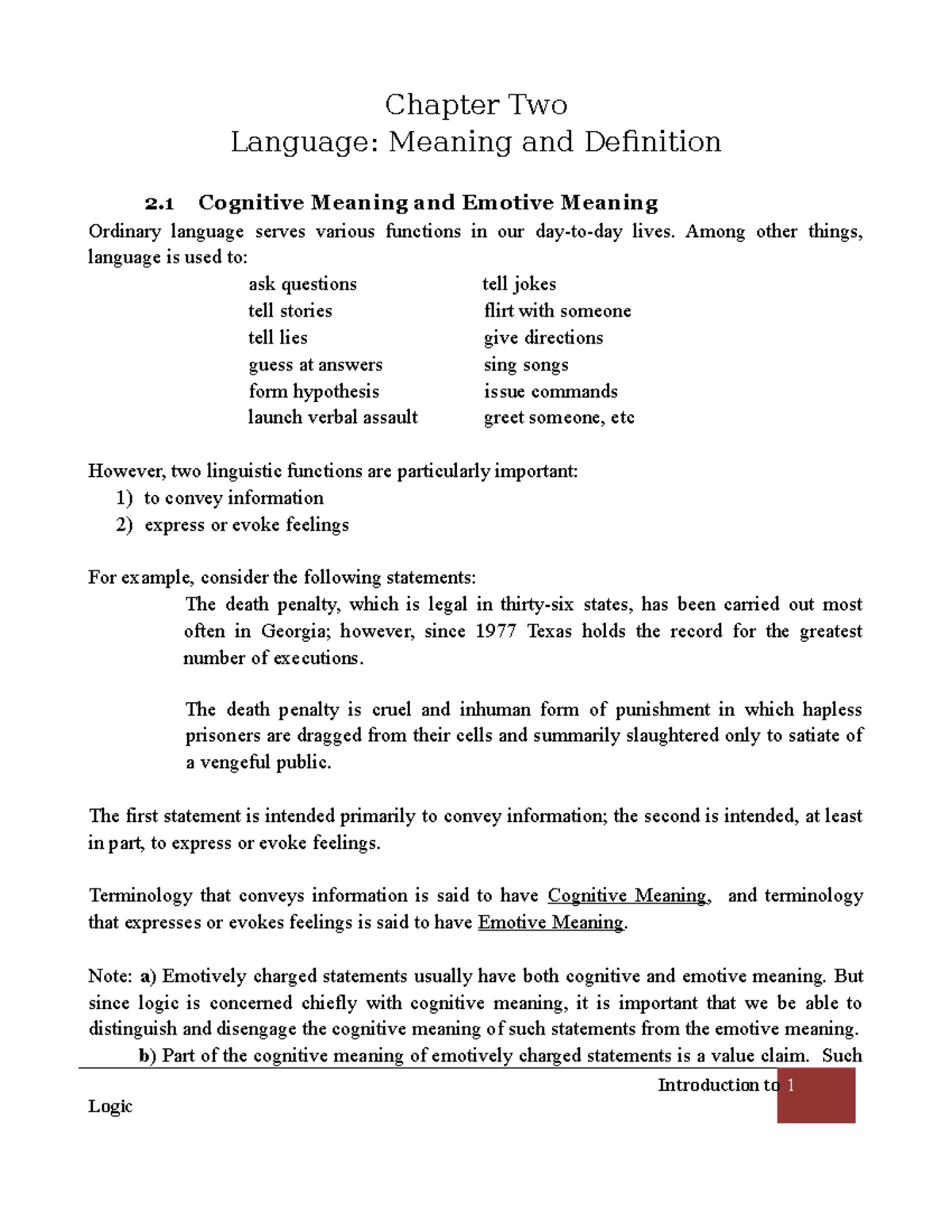 Logic Ch 2 notes - Chapter Two Language: Meaning and Definition 2 ...