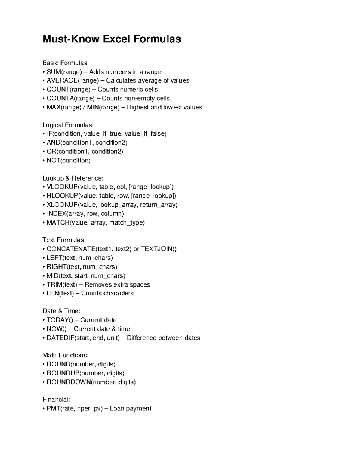 Excel Must-Know Formulas: Basic to Advanced Functions Guide - Studocu