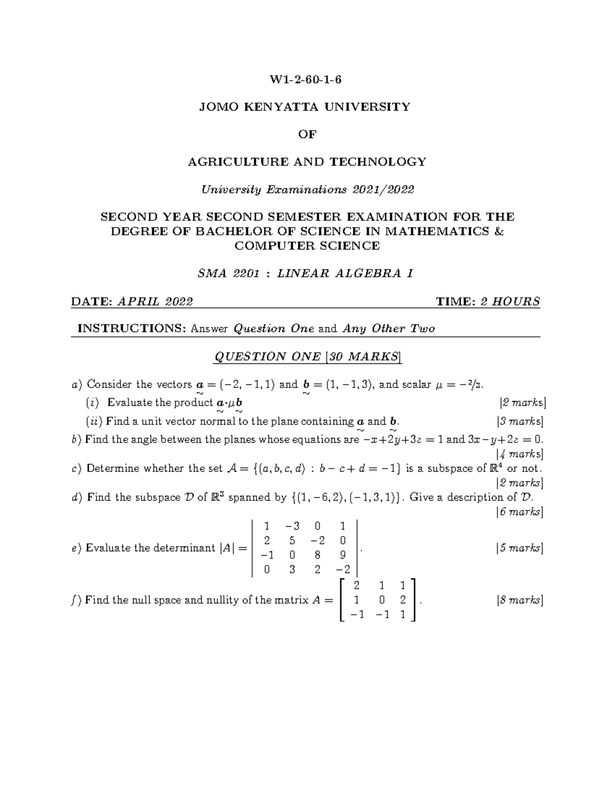 SMA 2201: Linear Algebra I - Exam Questions & Solutions (April 2024 ...
