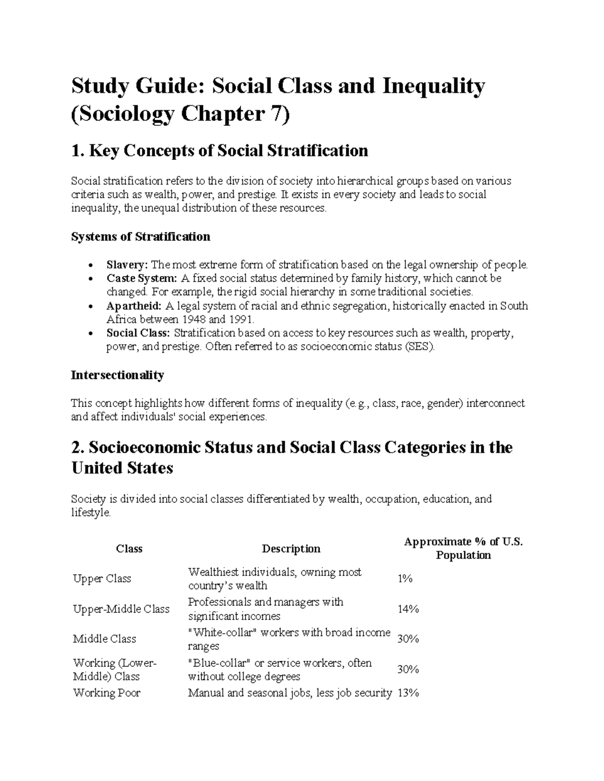 Sociology Chapter 7 Study Guide: Social Class & Inequality - Studocu