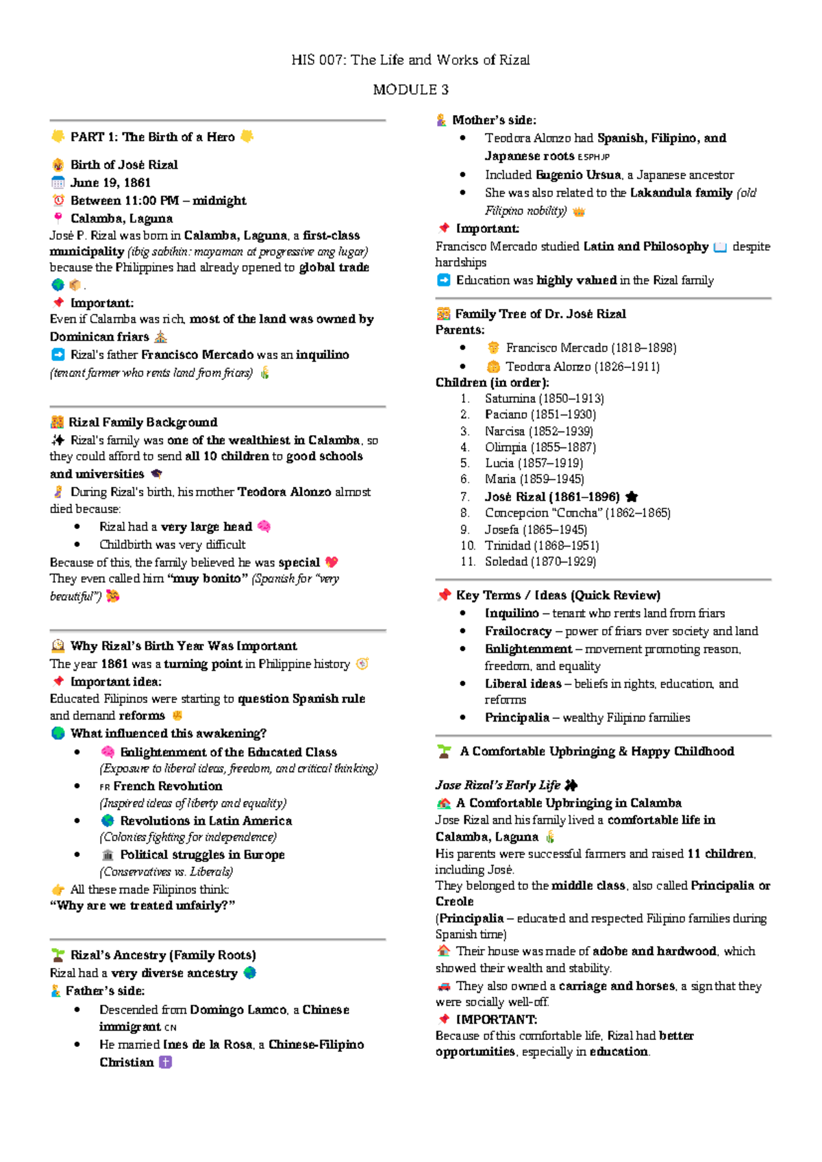 HIS 007: Module 3 - The Birth and Early Life of José Rizal - Studocu