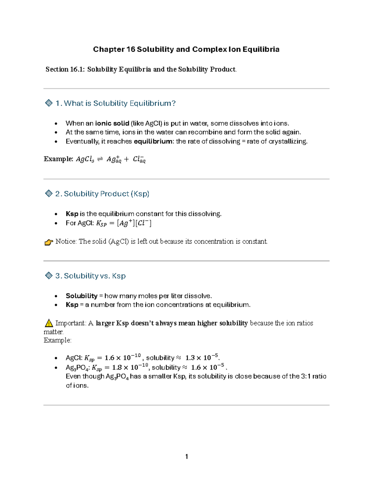 Chem 102 Chapter 16: Solubility and Complex Ion Equilibria Summary ...