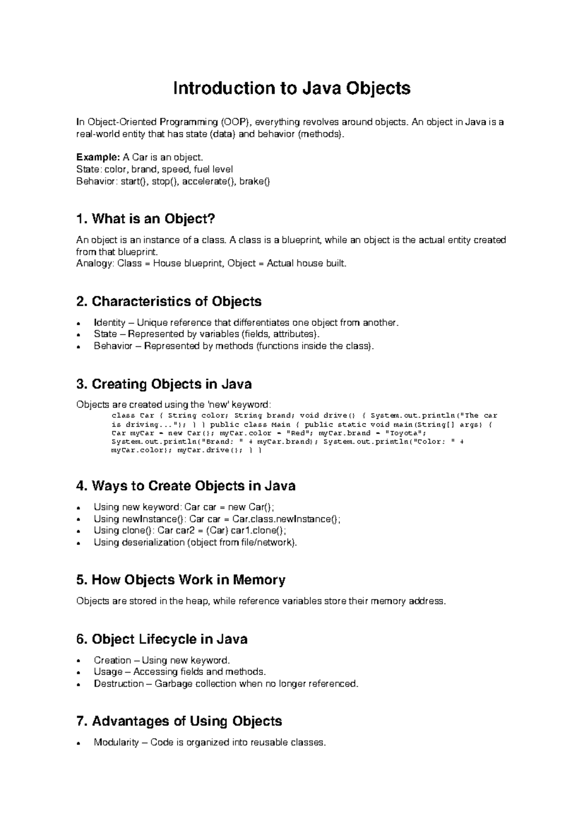 Java Objects Introduction: Understanding OOP Concepts and Creation - Studocu