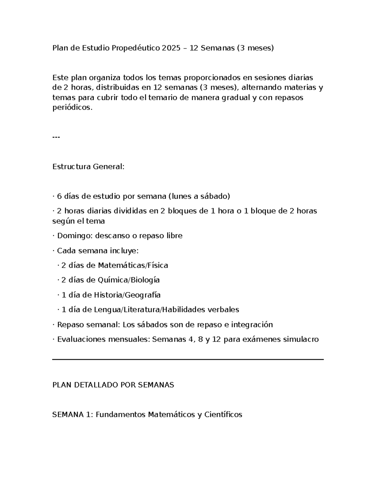 Plan de Estudio Propedéutico 2025: 12 Semanas de Preparación - Studocu