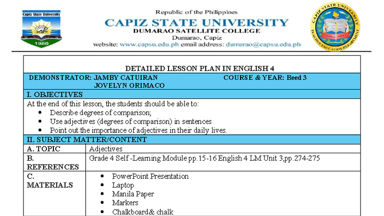 DLP: Adjectives and Their Degrees in English 4 Lesson Plan - Studocu