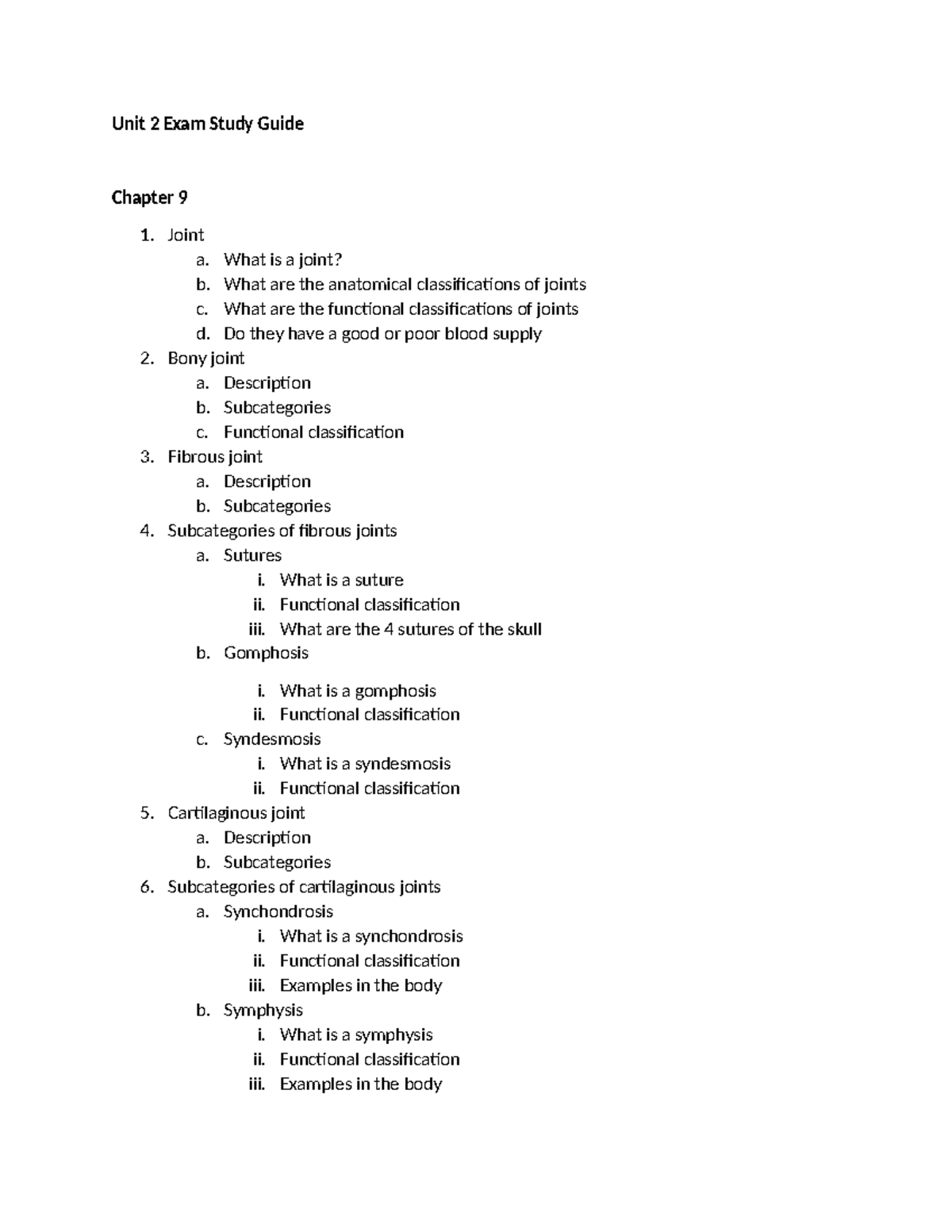 Unit 2 Exam Study Guide: Joints, Muscles & Nervous System Concepts ...