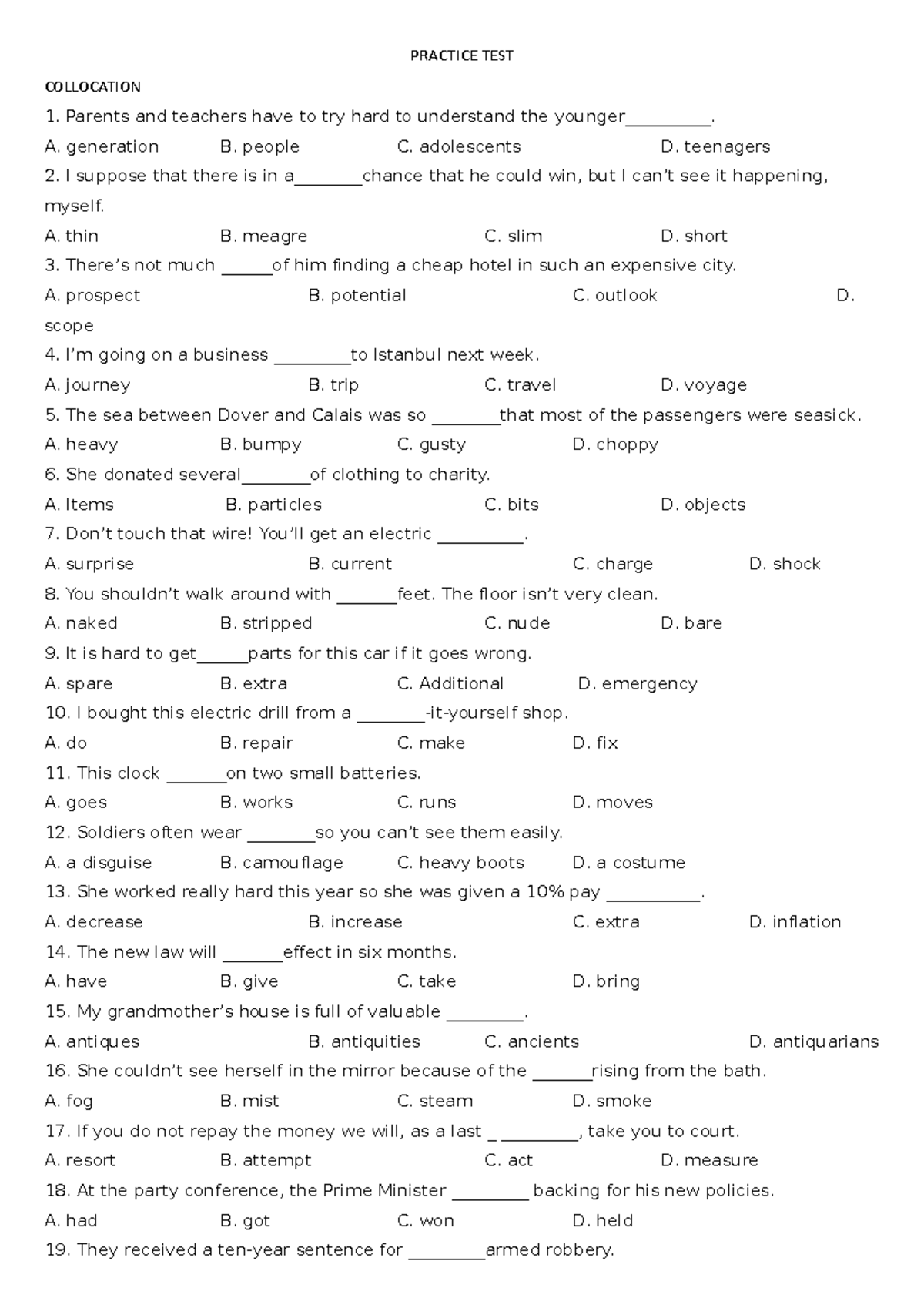 Collocation 4 - English Practice Test with Answers - Studocu