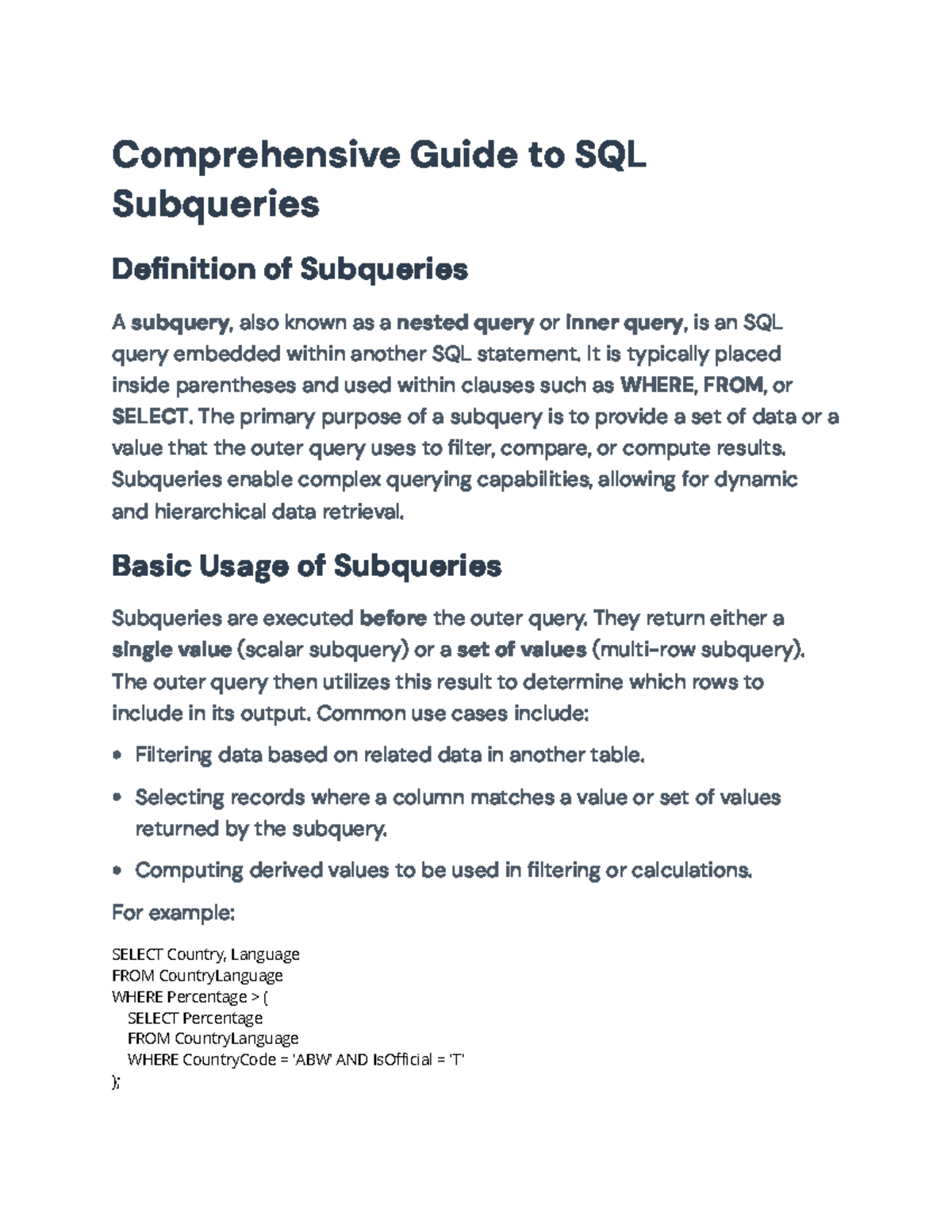 Comprehensive Guide to SQL Subqueries for Advanced Data Retrieval - Studocu