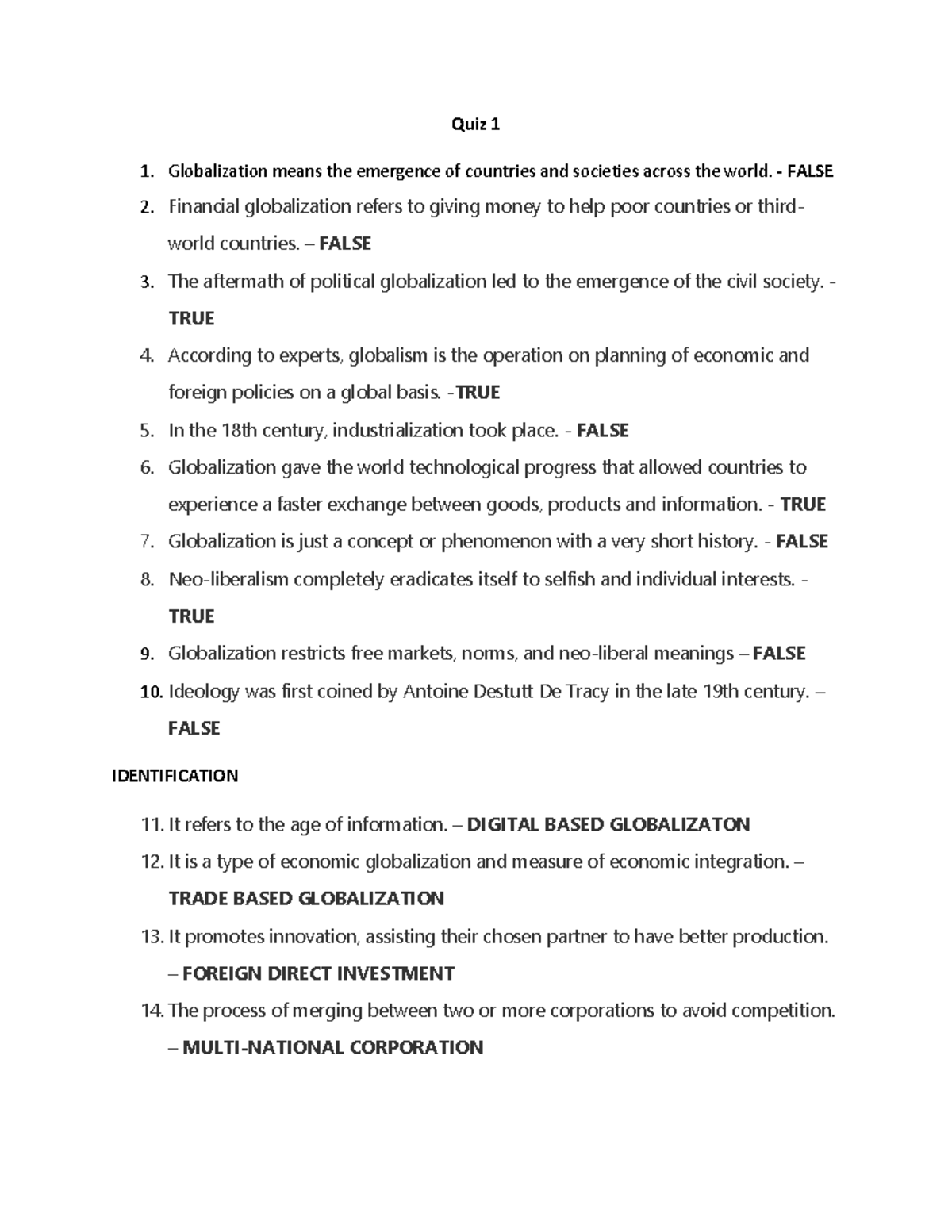 Quiz Reviewer for Contemporary Globalization Concepts - Studocu