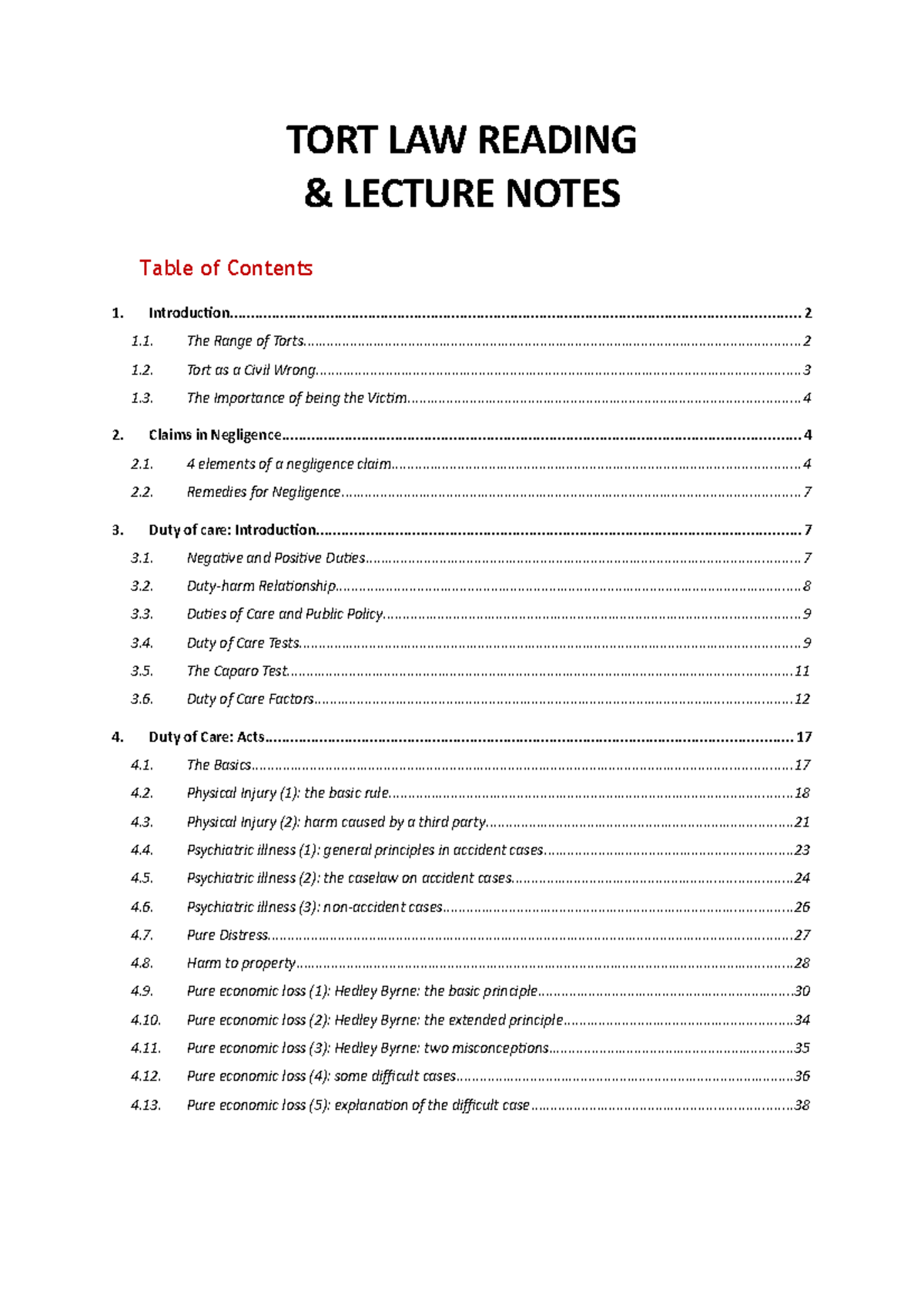Tort Law Lecture Notes - Comprehensive Summary and Key Concepts - Studocu