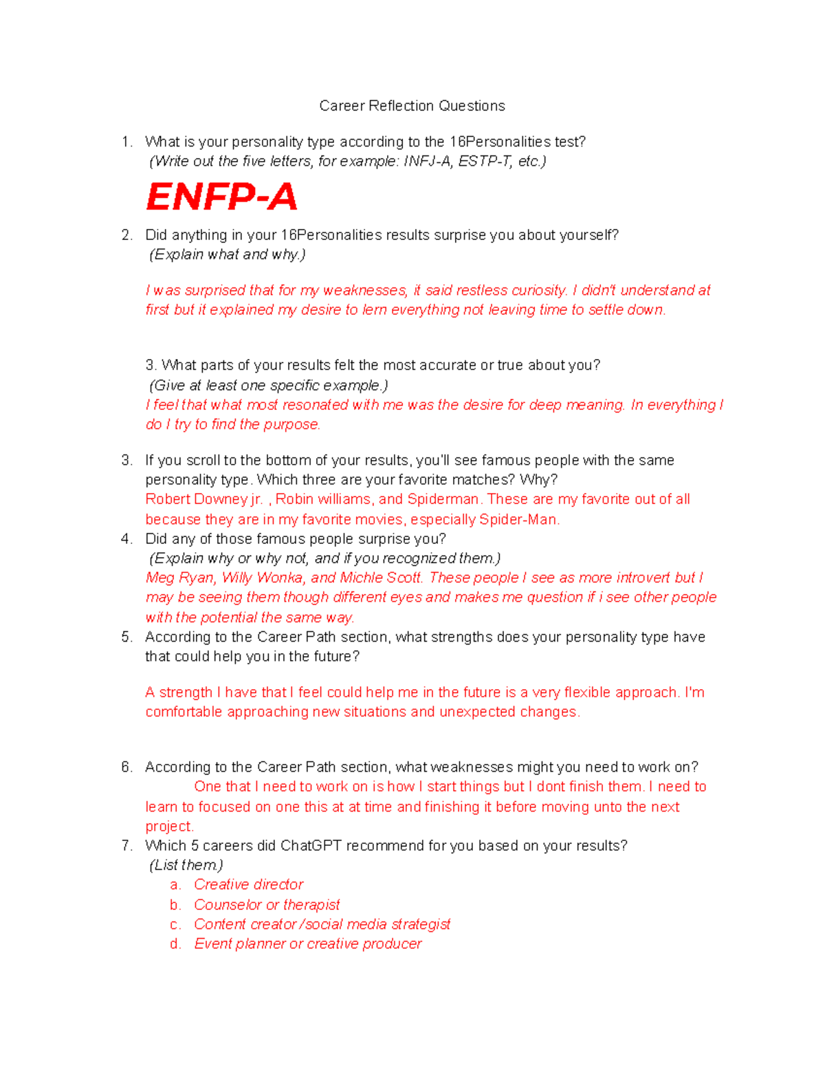 Career Reflection Questions: Insights from 16Personalities Analysis ...
